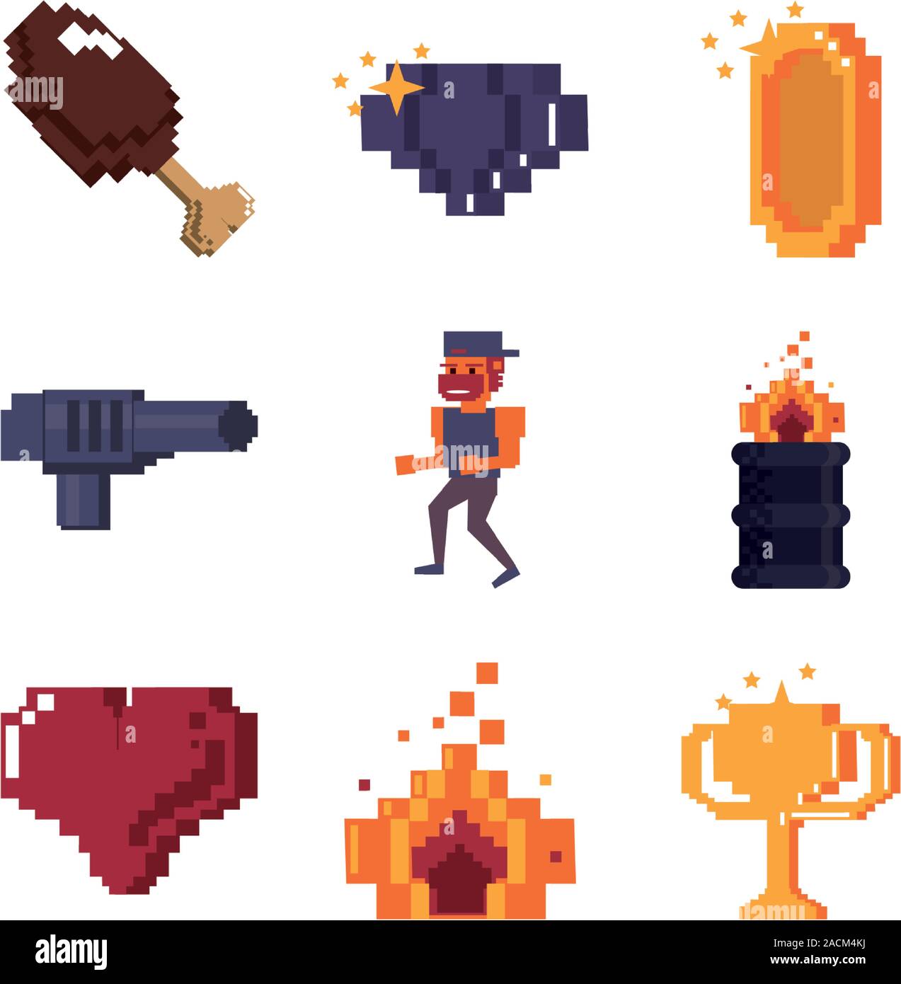 set of video game pixelated characters and street icons Stock Vector ...