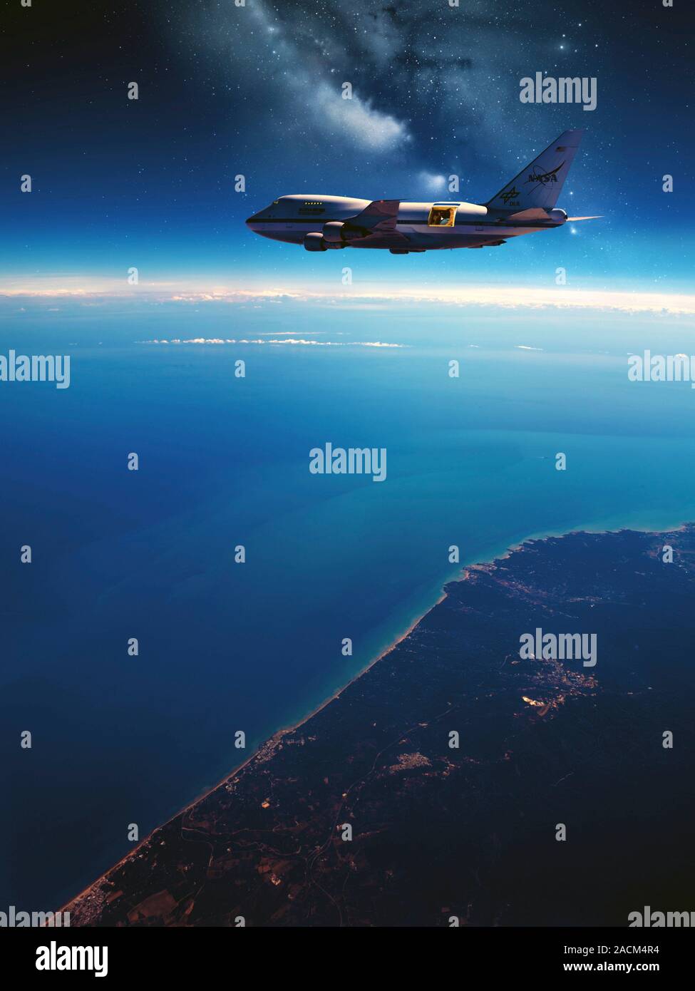 SOFIA airborne observatory aircraft flying over a coastal area. The ...