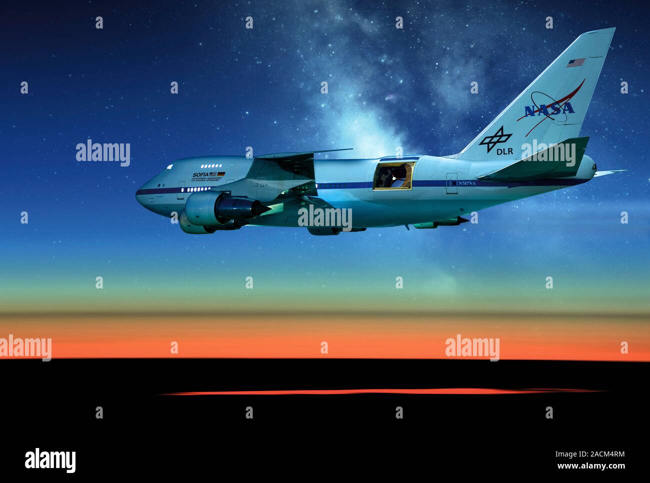SOFIA airborne observatory aircraft flying at sunset. The Milky Way is ...