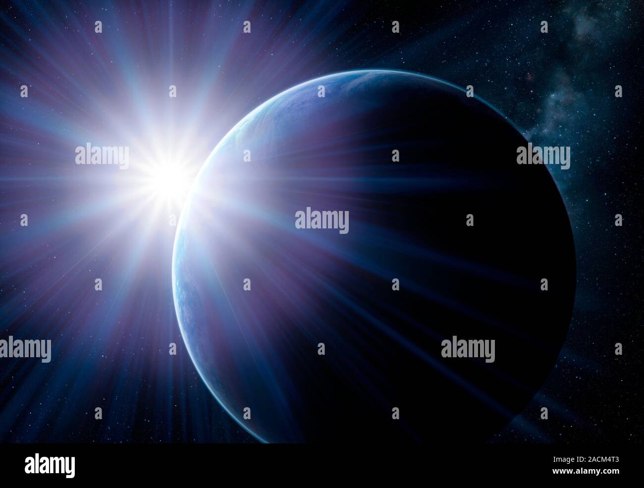 Earth and sunset from space. Artwork of the Sun flaring from behind the ...