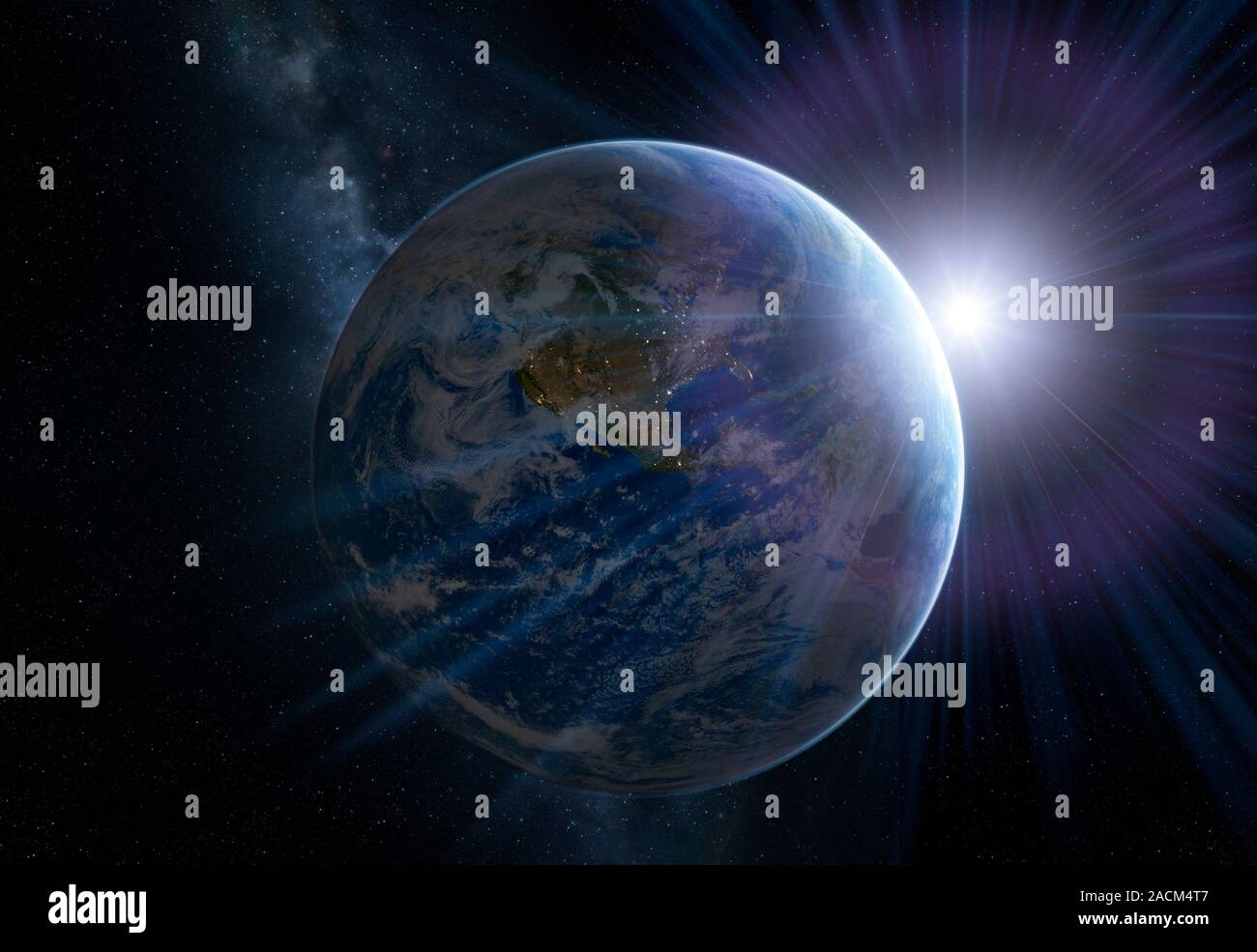 Earth and sunrise from space. Artwork of the Sun flaring from behind ...