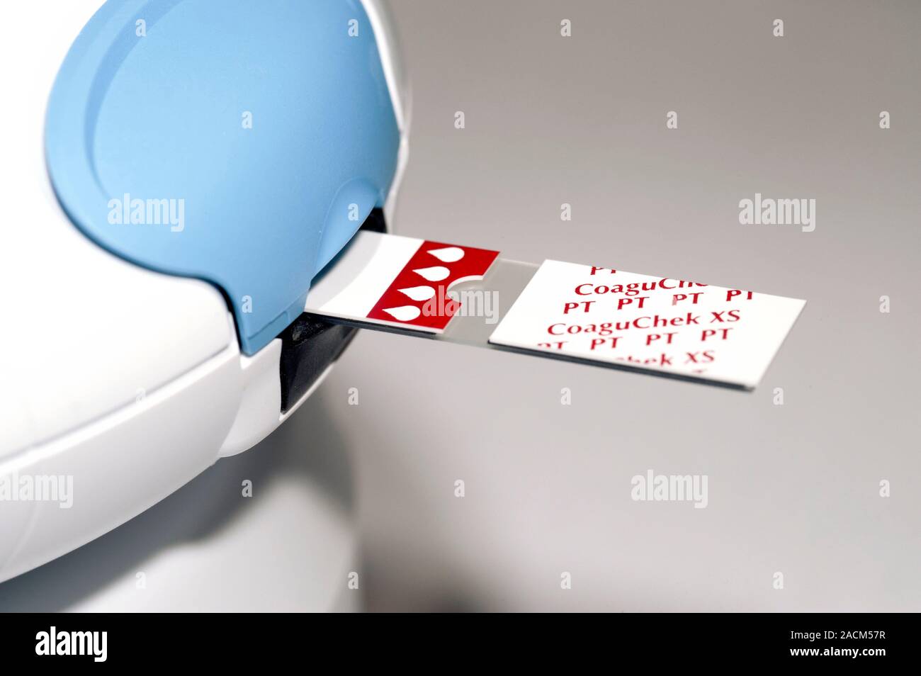 Diagnostic strip from a CoaguChek monitor used to test for blood ...