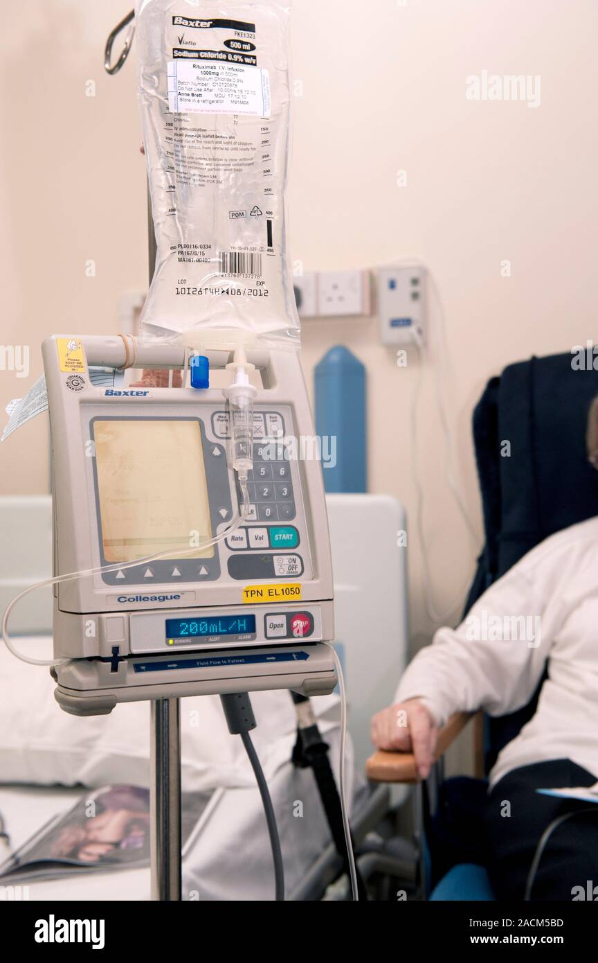 Intravenous infusion (IV drip) of the drug Rituximab into the arm of an ...
