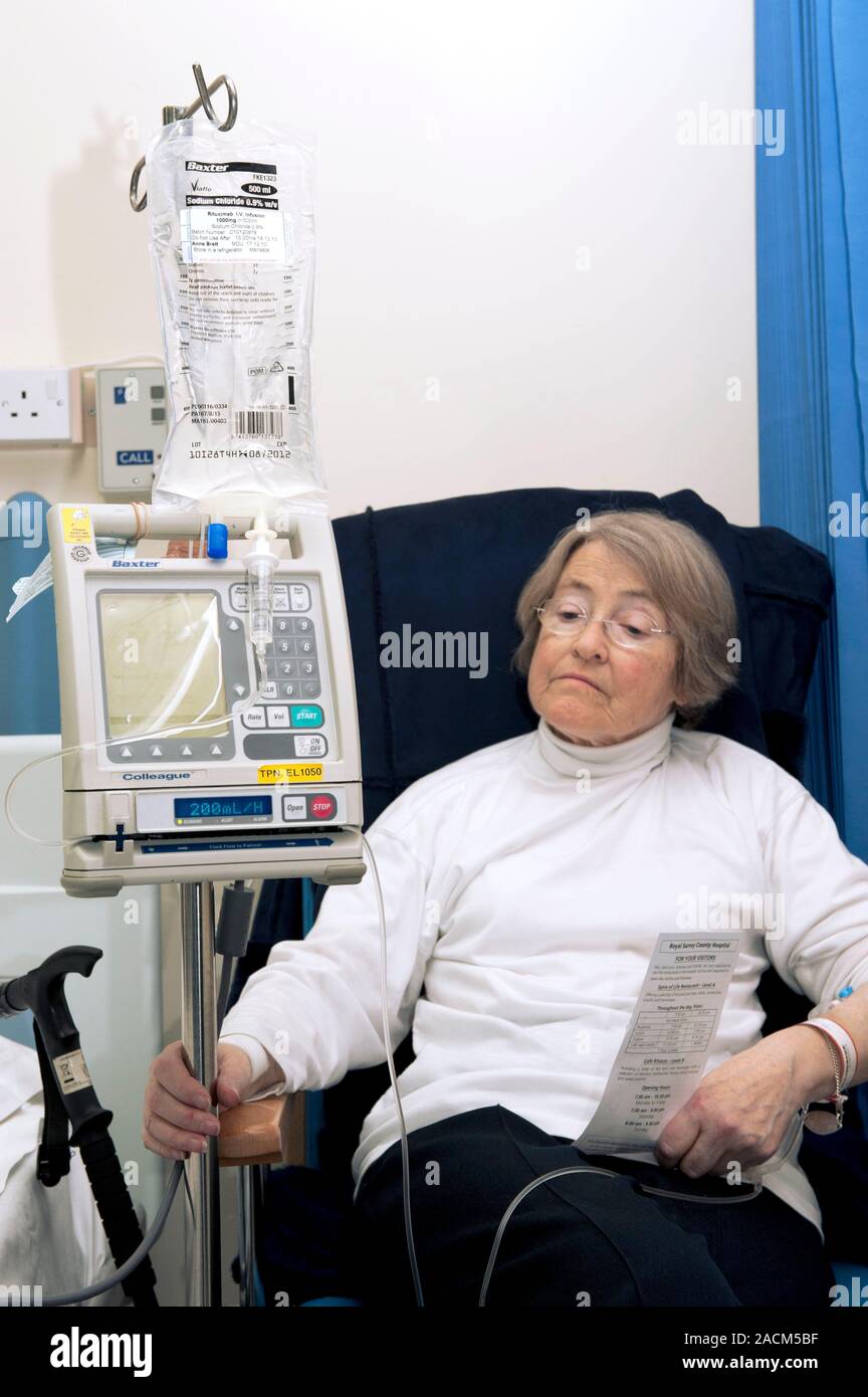 Intravenous infusion (IV drip) of the drug Rituximab into the arm of an ...