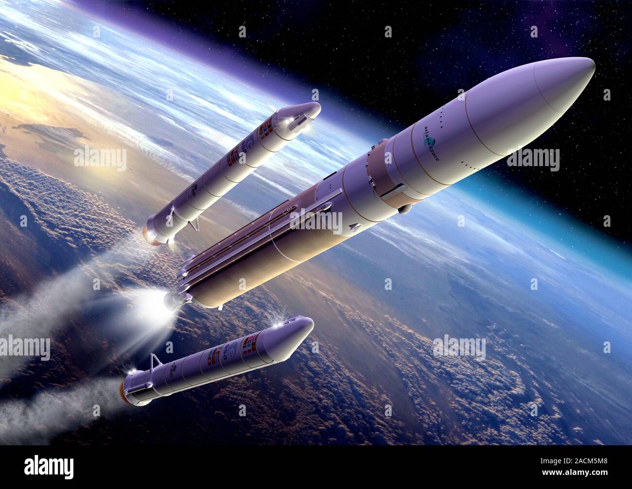 Ariane 5 rocket launch, artwork. This Ariane 5 rocket's two solid-fuel ...
