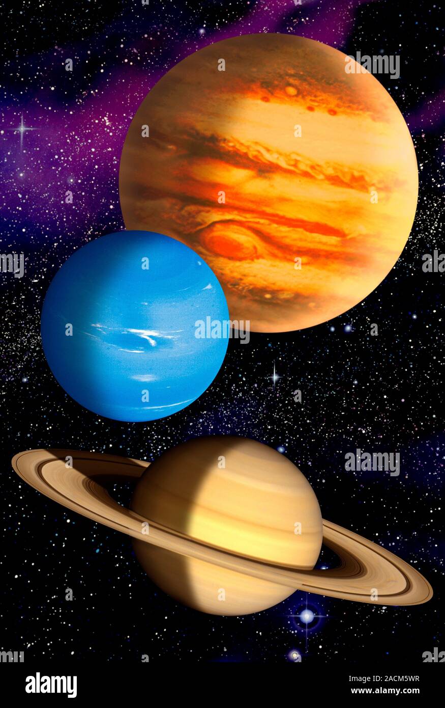 Gas giant planets. Artwork of Jupiter (upper right), Saturn (bottom ...