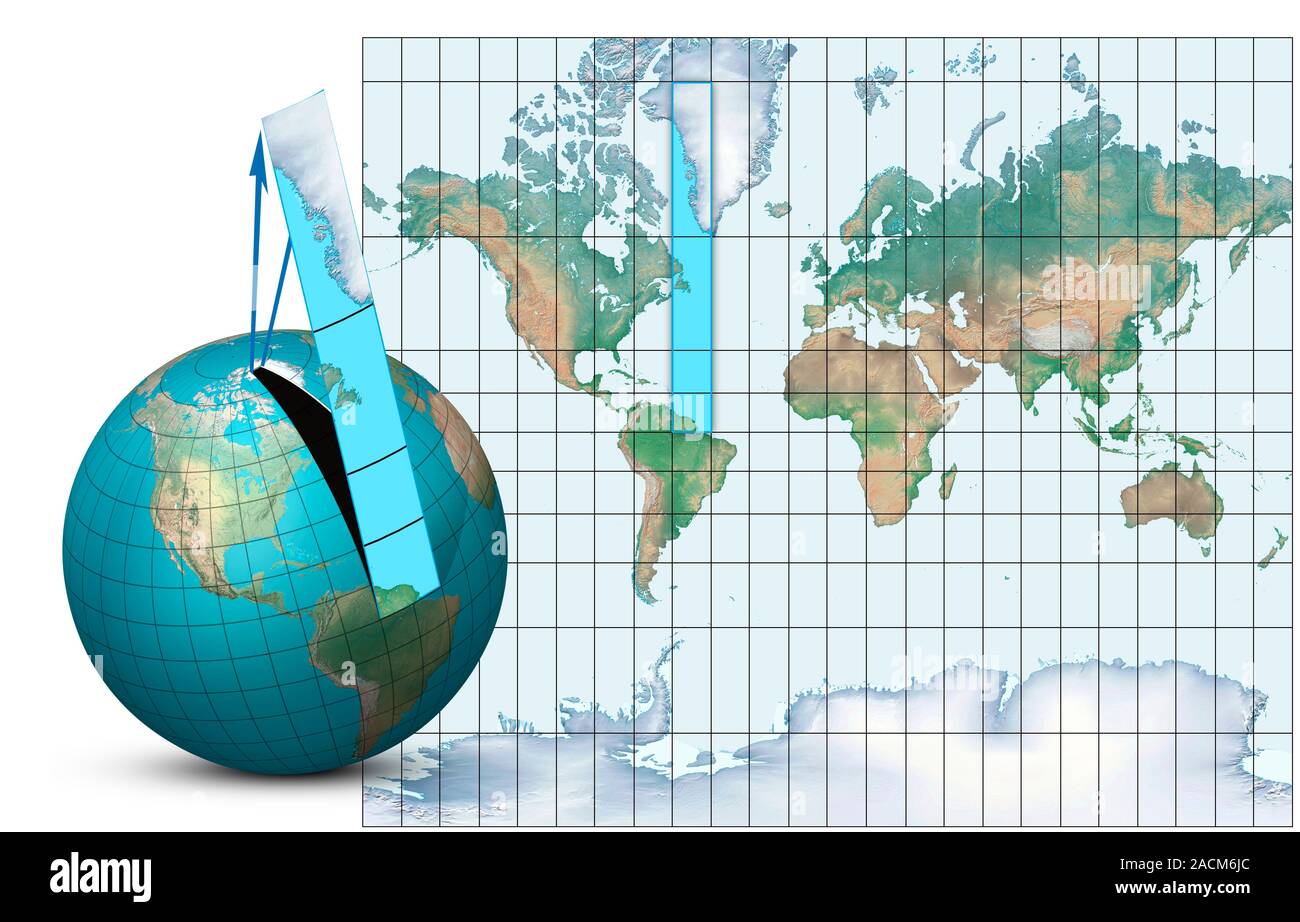 Mercator map projection. Diagram of an Earth globe (left) and a Mercator map projection (right ...