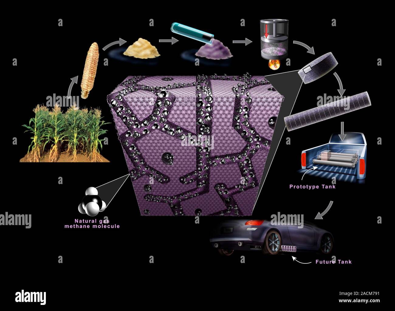 Methane storage system. Computer artwork showing the development of a ...