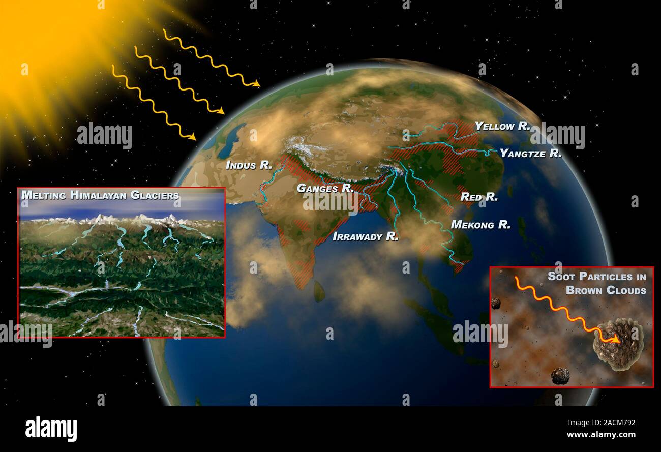 Pollution over Asia. Computer artwork showing the pollution-filled ...
