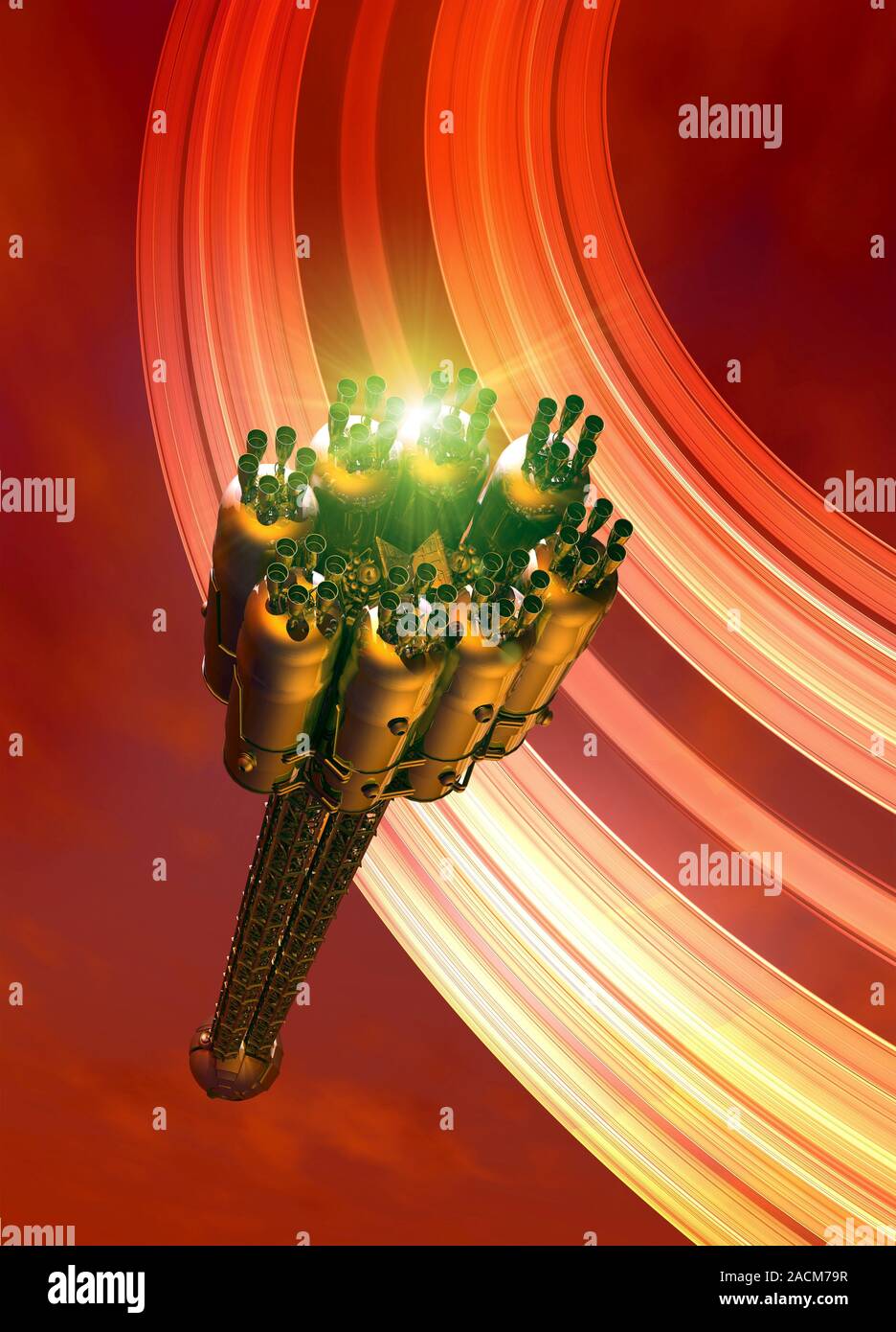 Antimatter drive spacecraft at a ringed gas giant planet, artwork ...
