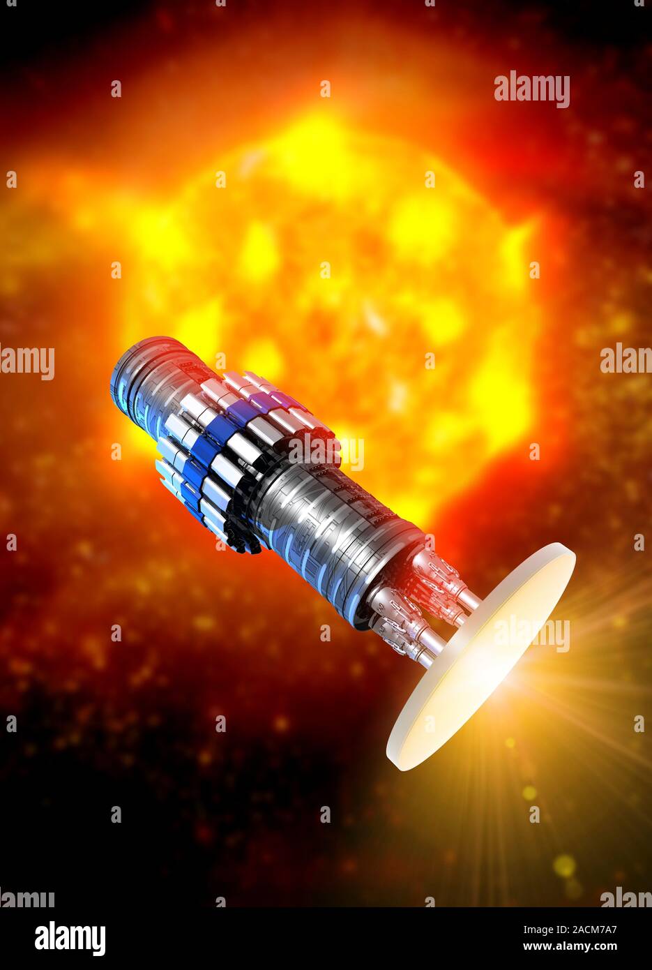 Nuclear pulse spacecraft near a star, artwork. This theoretical future ...