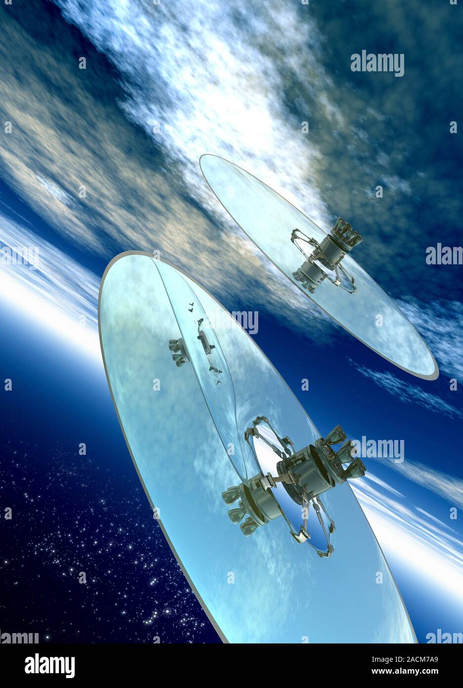 Climate change space mirrors in Earth orbit, artwork. This is a ...