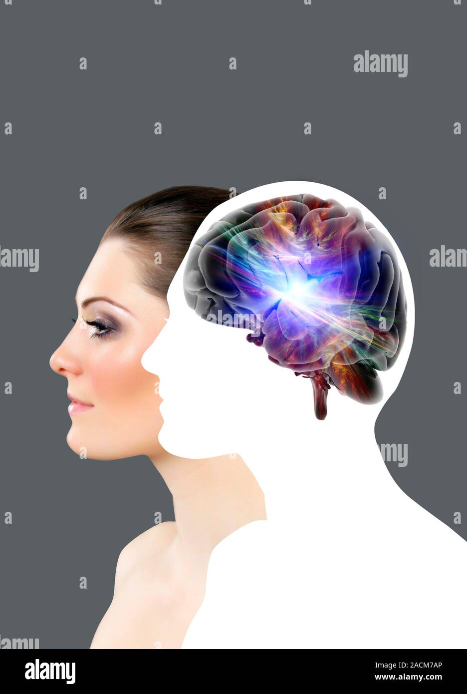 Brain thoughts. Conceptual artwork of a female figure and a blank ...