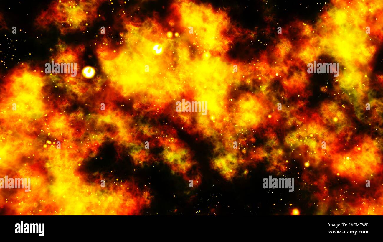Early universe. Artwork showing the clumping of matter in stellar ...