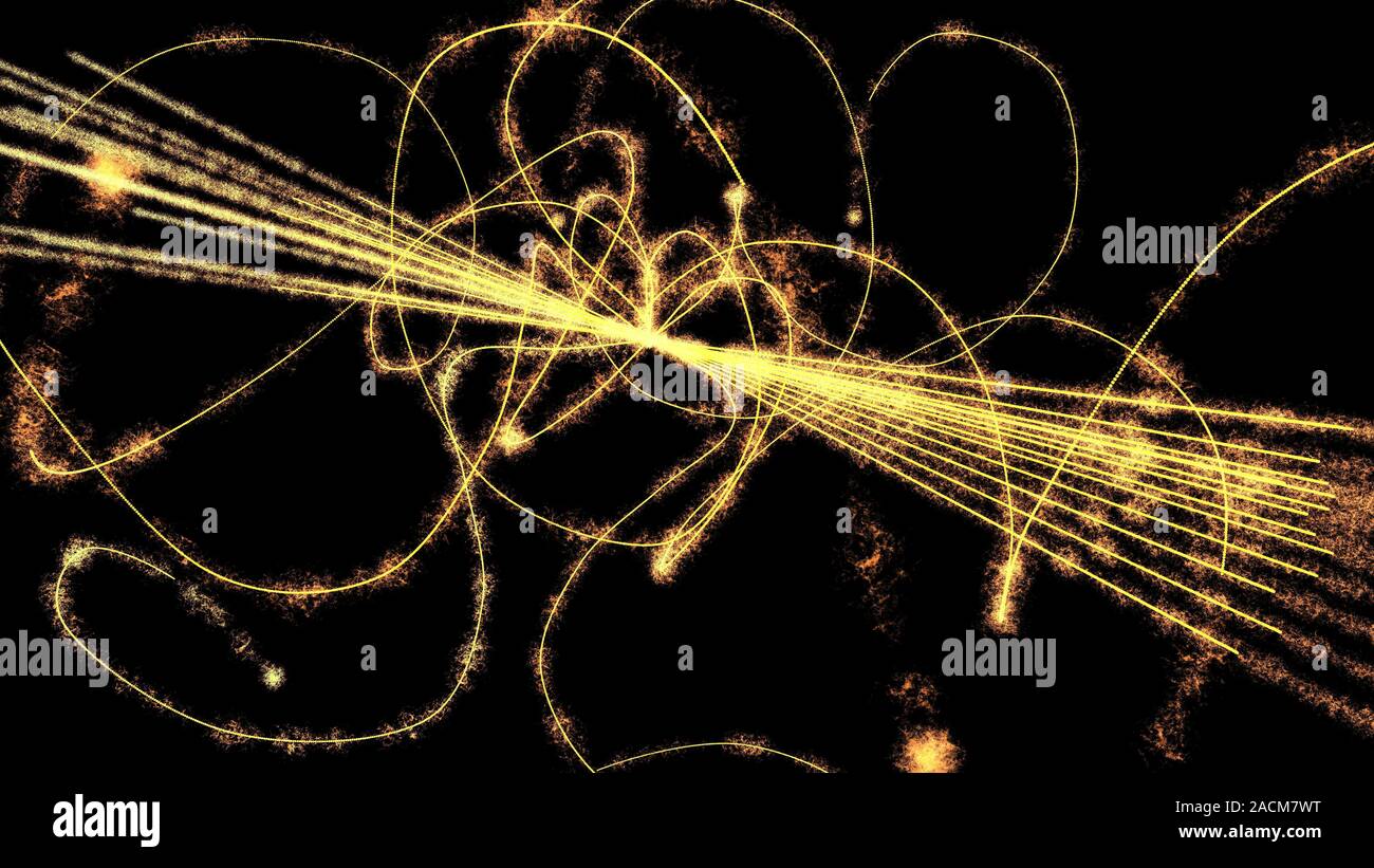 Particle physics experiment. Artwork of tracks of particles detected following a collision in a ...