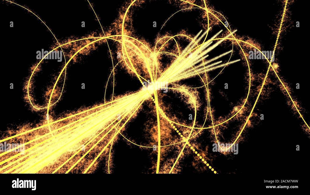 Particle physics experiment. Artwork of tracks of particles detected following a collision in a ...