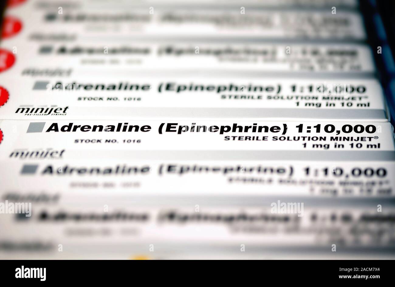 Packaging containing the drug adrenaline, used to treat heart attack ...