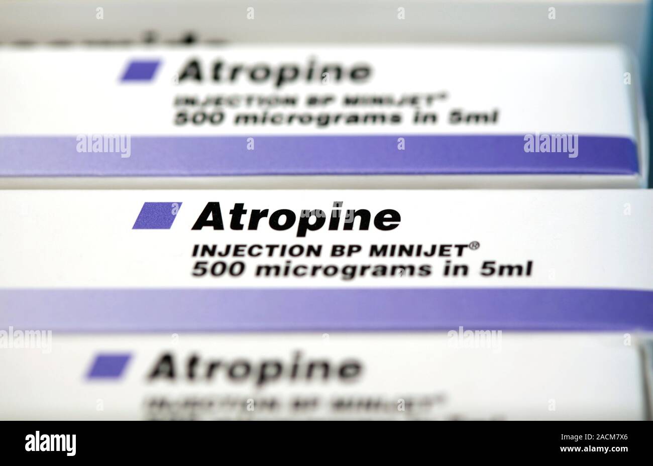 Packaging containing the drug atropine, used to treat heart attack ...