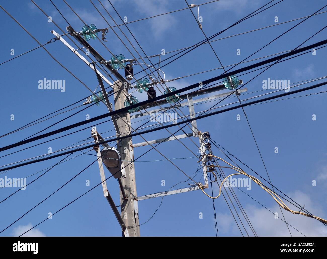 Chaotic arrangement of wiring on overhead electrical transmission ...