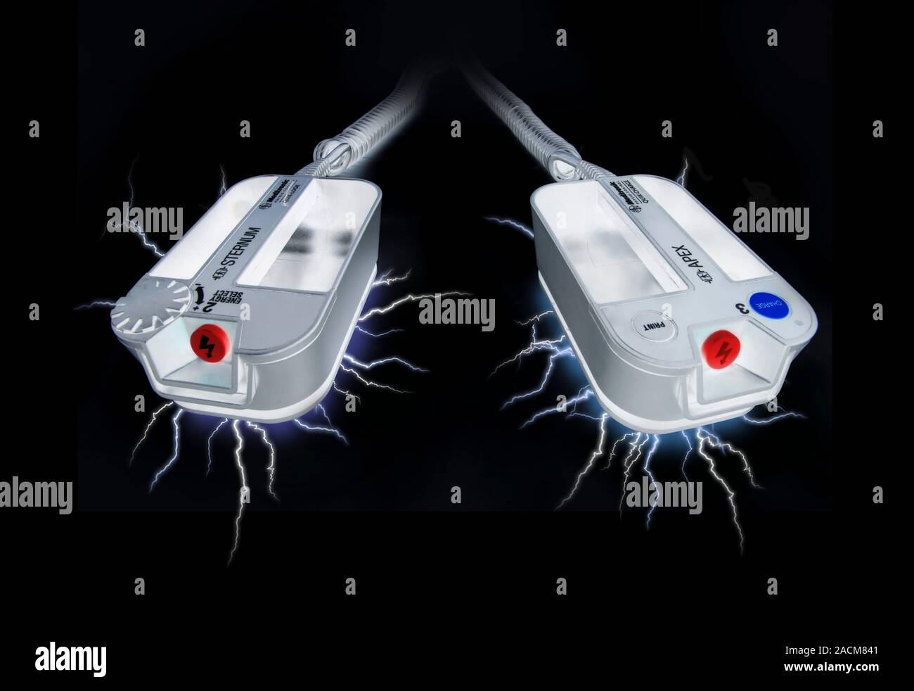 Paddles of a defibrillator, two handheld devices placed on the chest ...