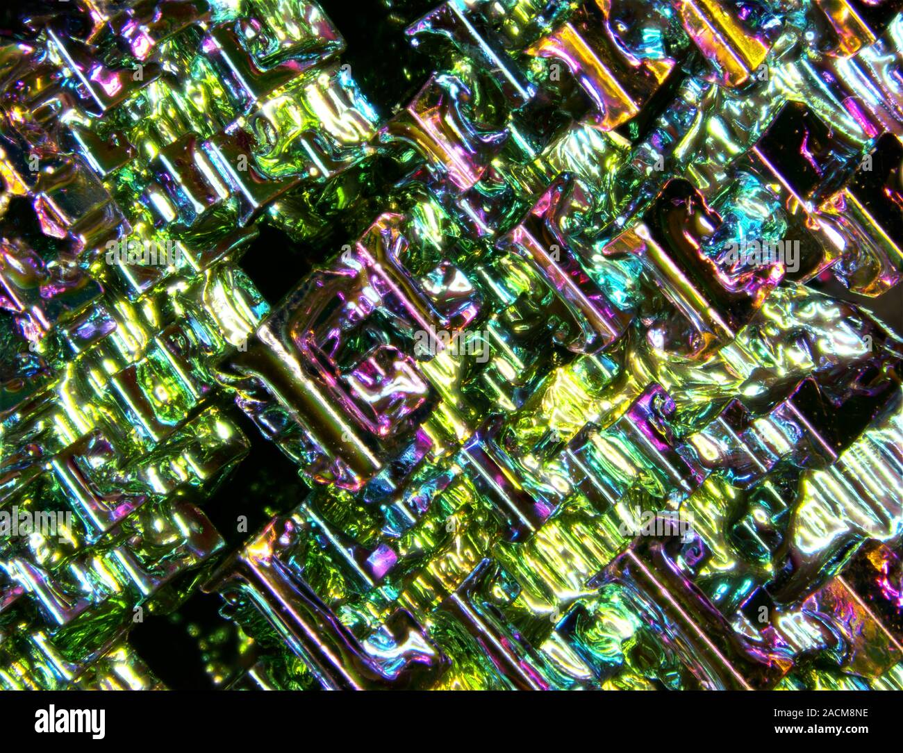 Artificial bismuth crystals. Synthetically produced 'hopper crystals ...
