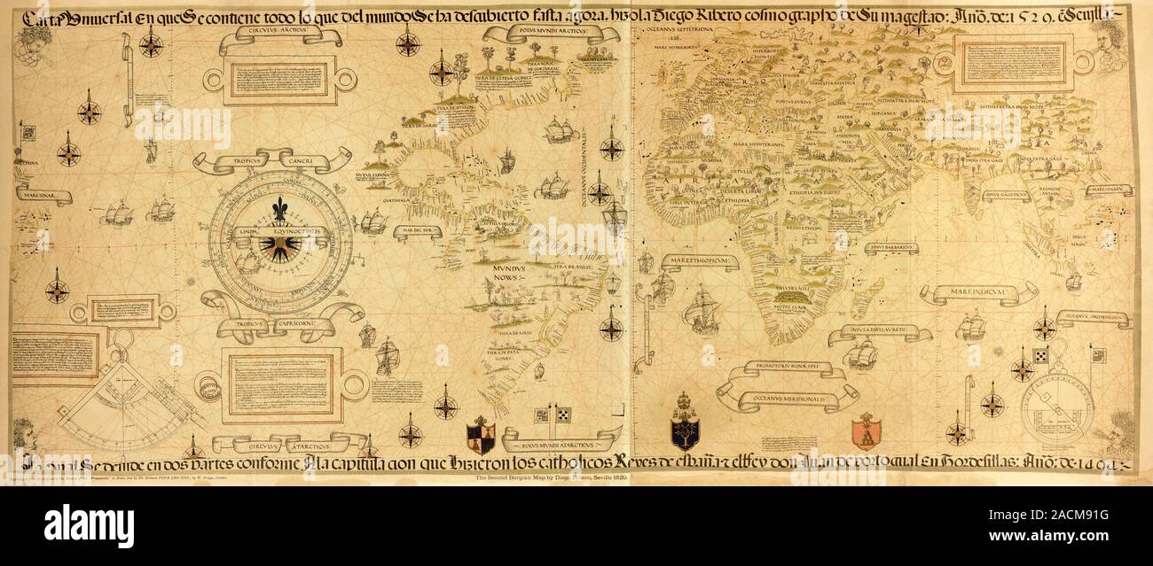 Ribero's world map. 1529 map of the world, published in Seville, Spain ...