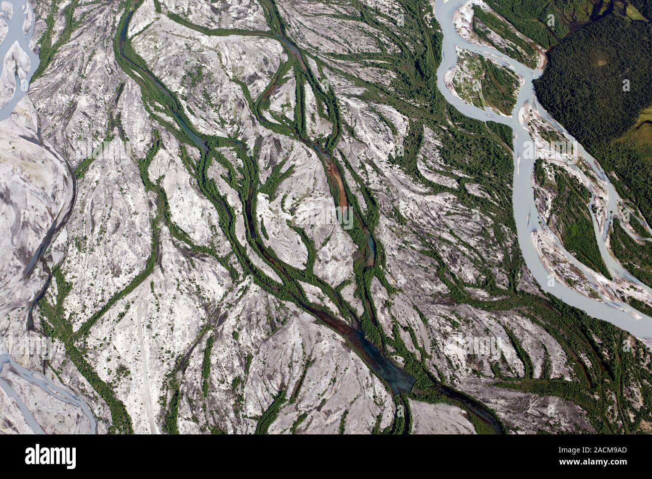 Braided river. Aerial view over a braided river. Braiding occurs when a ...