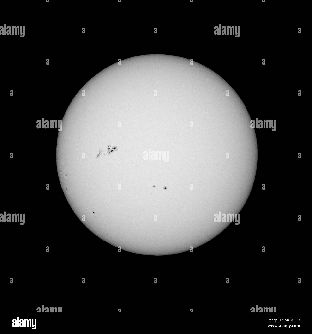 Sun and sunspots. Telescope image of the Sun, showing sunspots (dark ...