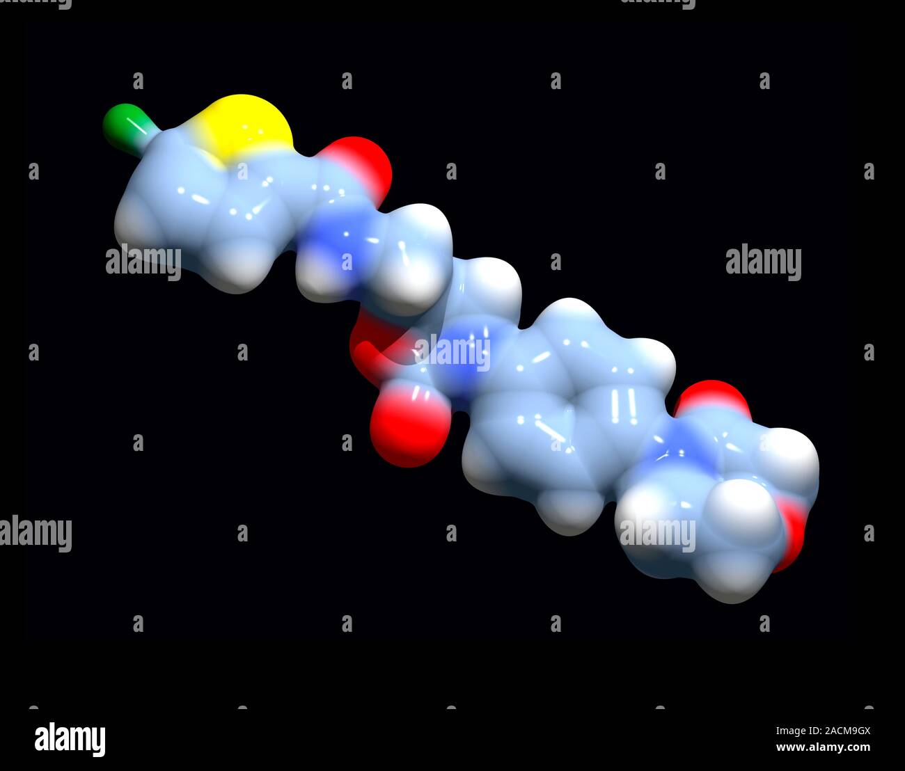 Rivaroxaban anticoagulant drug molecule. Computer model showing the ...