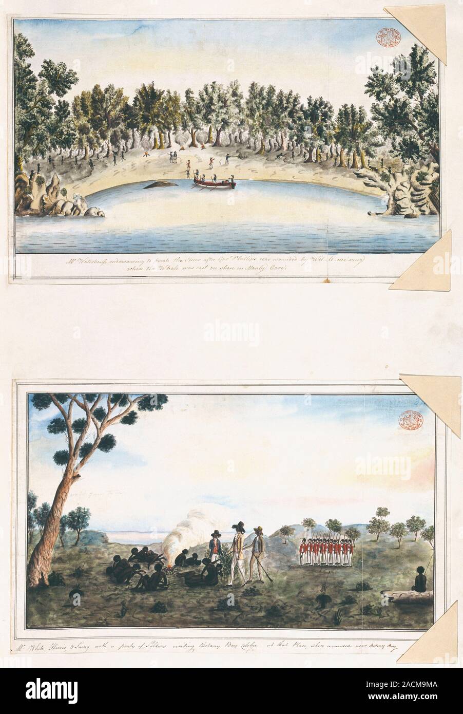 Australian colonisation. Artworks of two 1790 scenes from the early ...