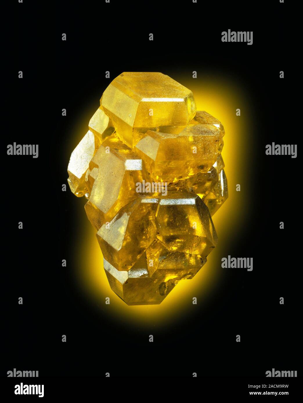 Sulphur crystals. This element is yellow to brown in colour, though it ...