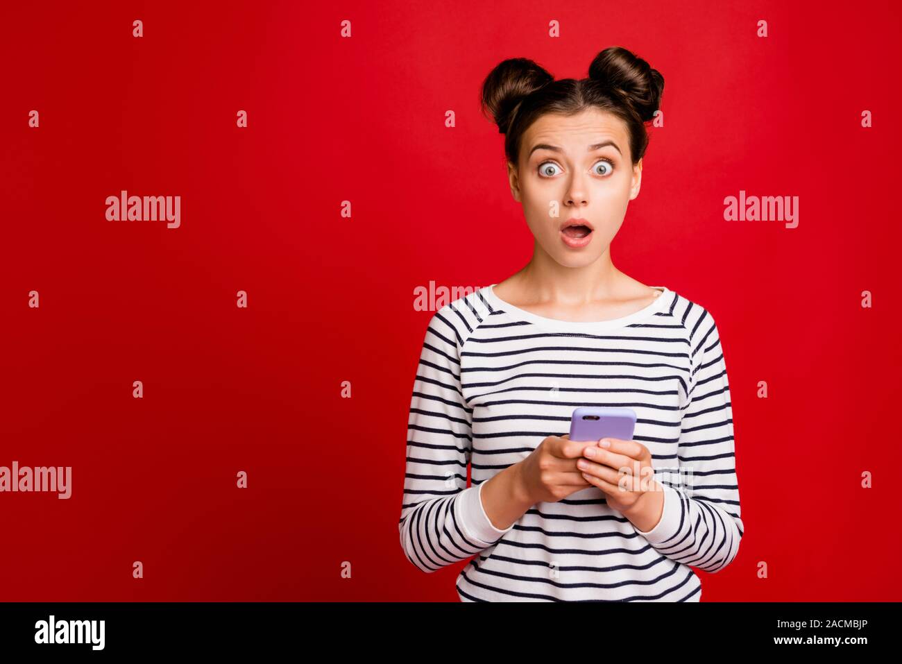 Portrait of cute girl use smartphone read social media news impressed ...