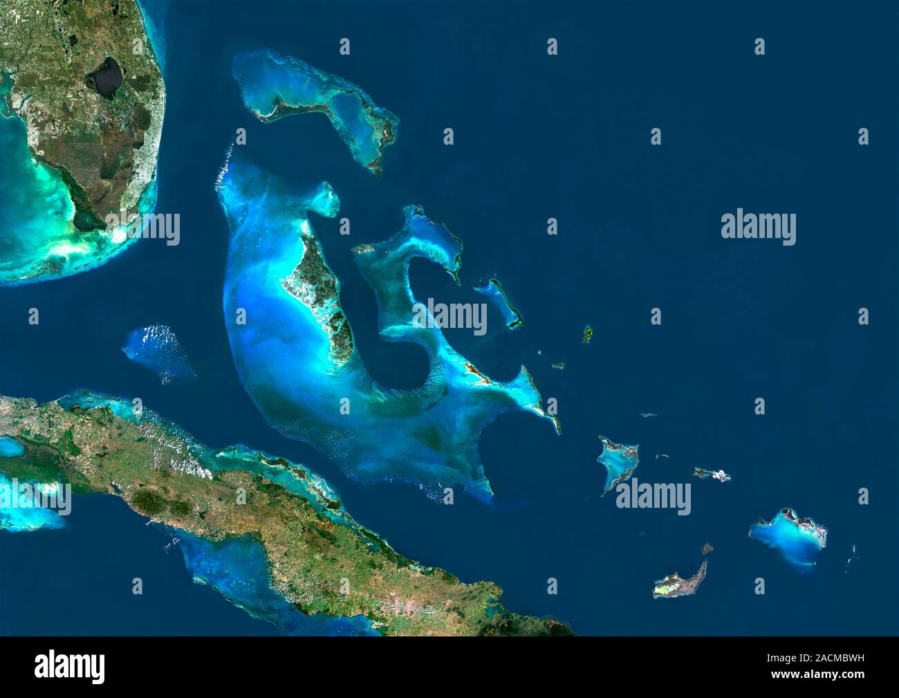Bahamas, satellite image. North is at top. Natural colour satellite ...