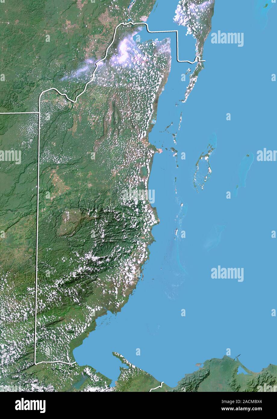 Belize, satellite image. North is at top. Natural colour satellite ...