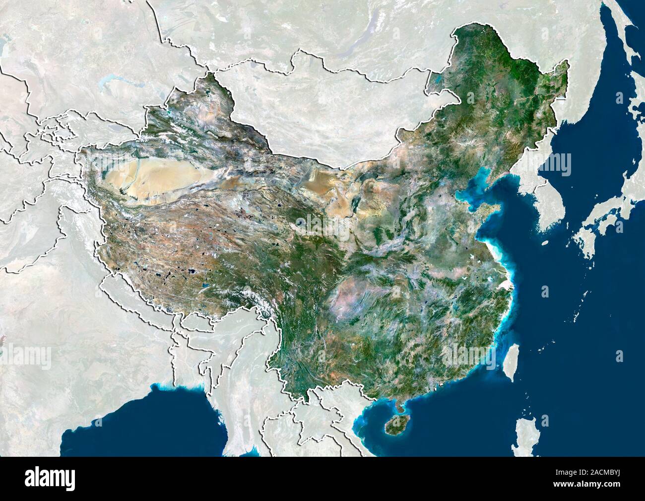 China, satellite image. North is at top. Natural colour satellite image ...