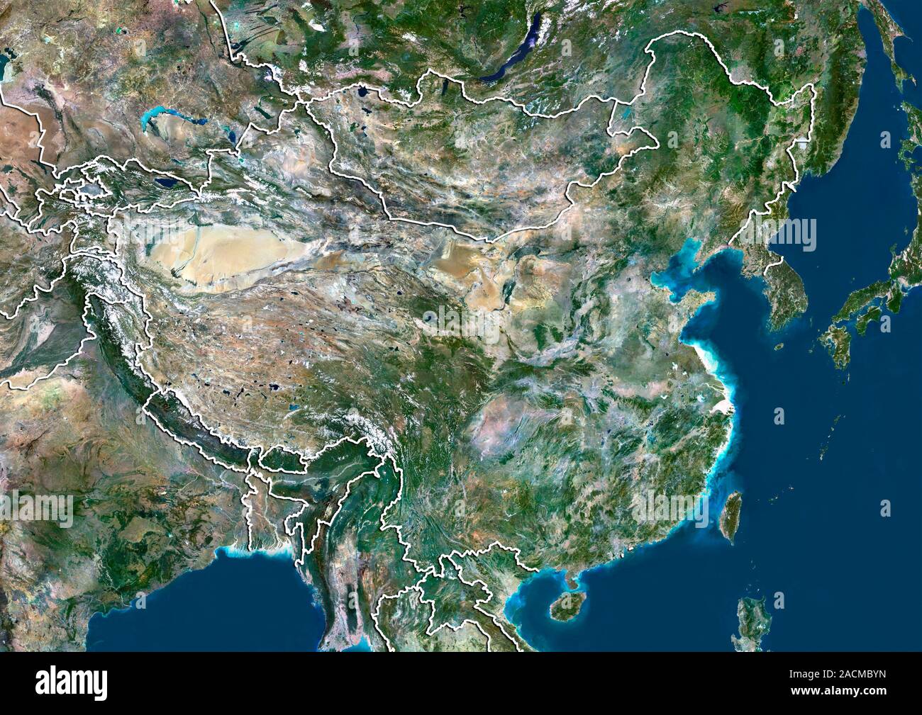China, satellite image. North is at top. Natural colour satellite image ...