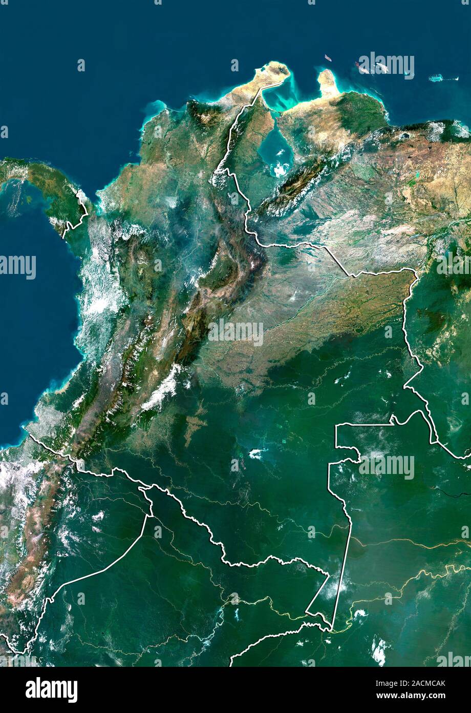 Colombia, satellite image. North is at top. Natural colour satellite ...