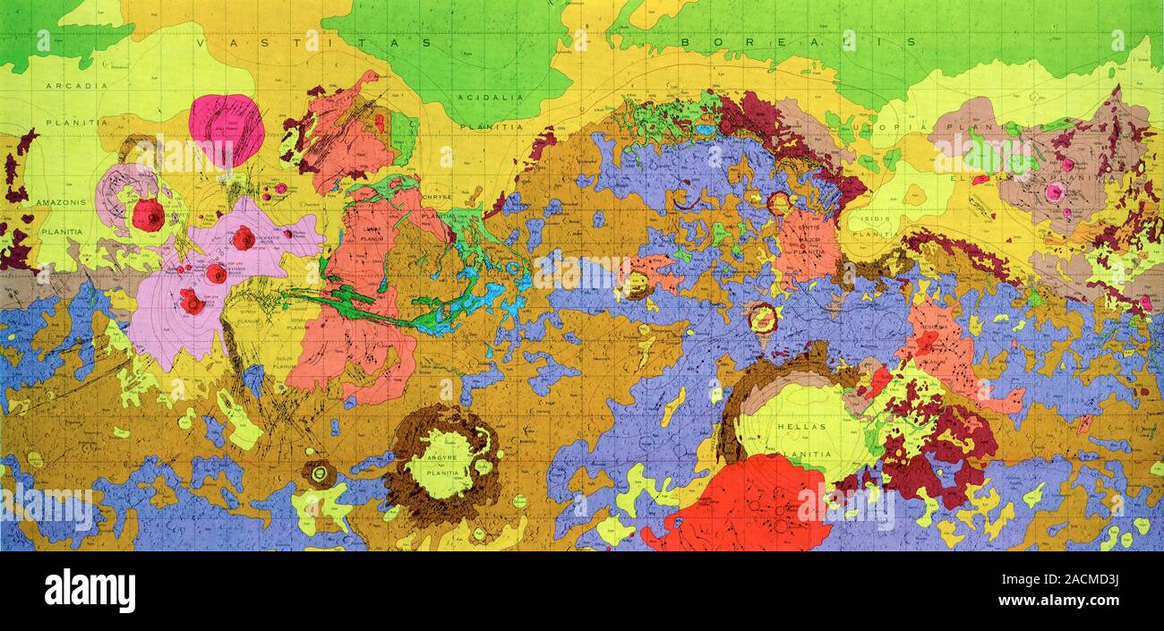 Mars geologic map. Mercator map projection of Mars based on surveys from the Mariner 9 orbiter ...