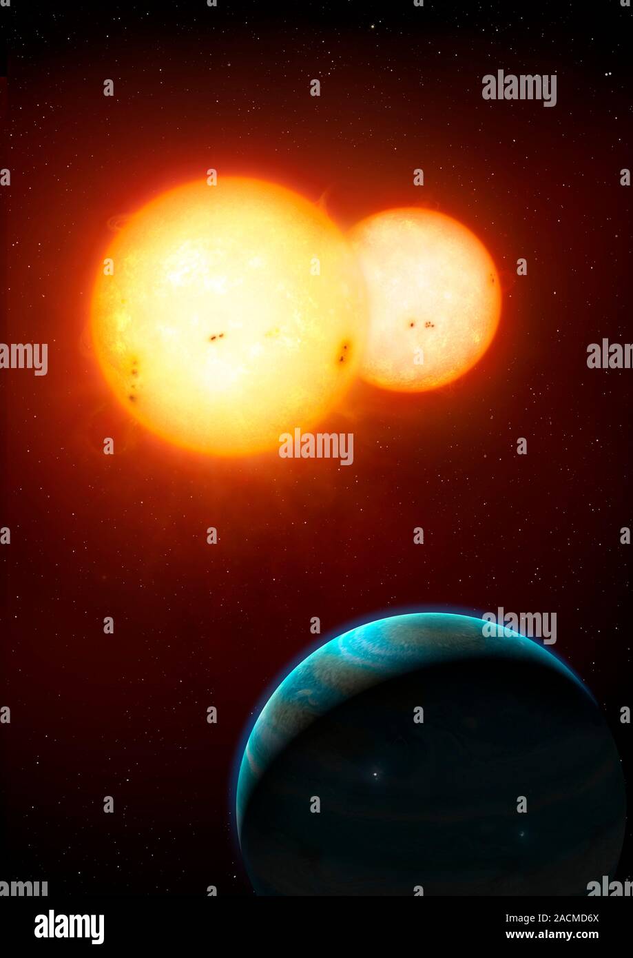 Artwork of a planet around the binary star Kepler-35. Kepler-35 is a ...