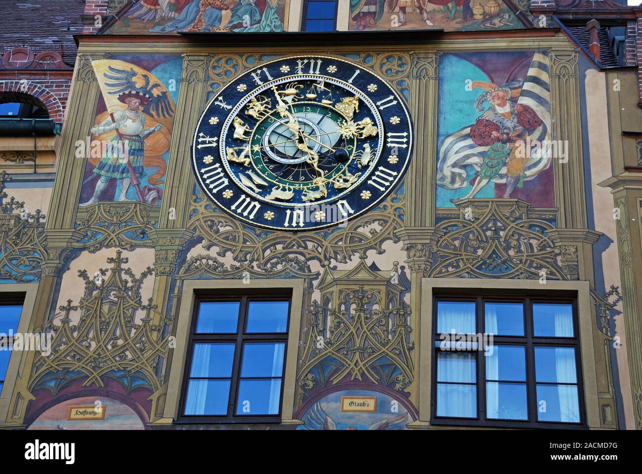 Astronomical clock on the east facade of the Ulm City Hall Stock Photo ...