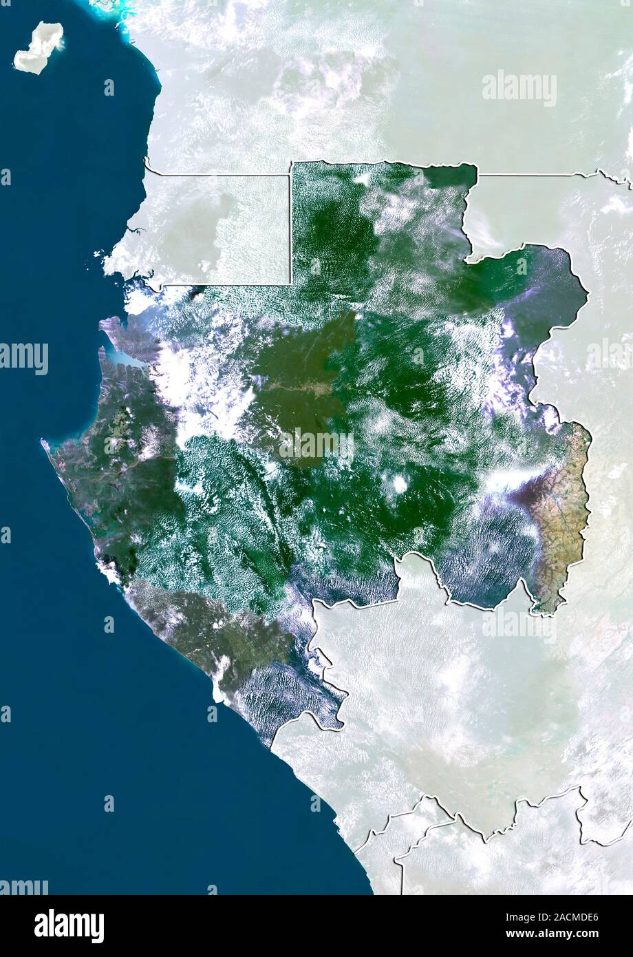 Gabon, satellite image. North is at top. Natural colour satellite image ...