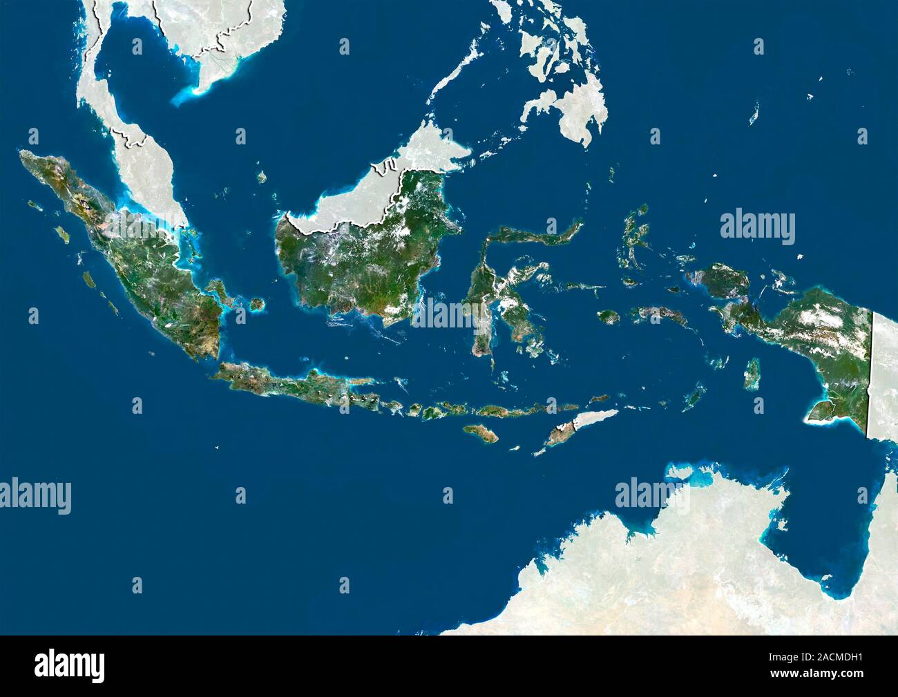 Indonesia, satellite image. North is at top. Natural colour satellite ...