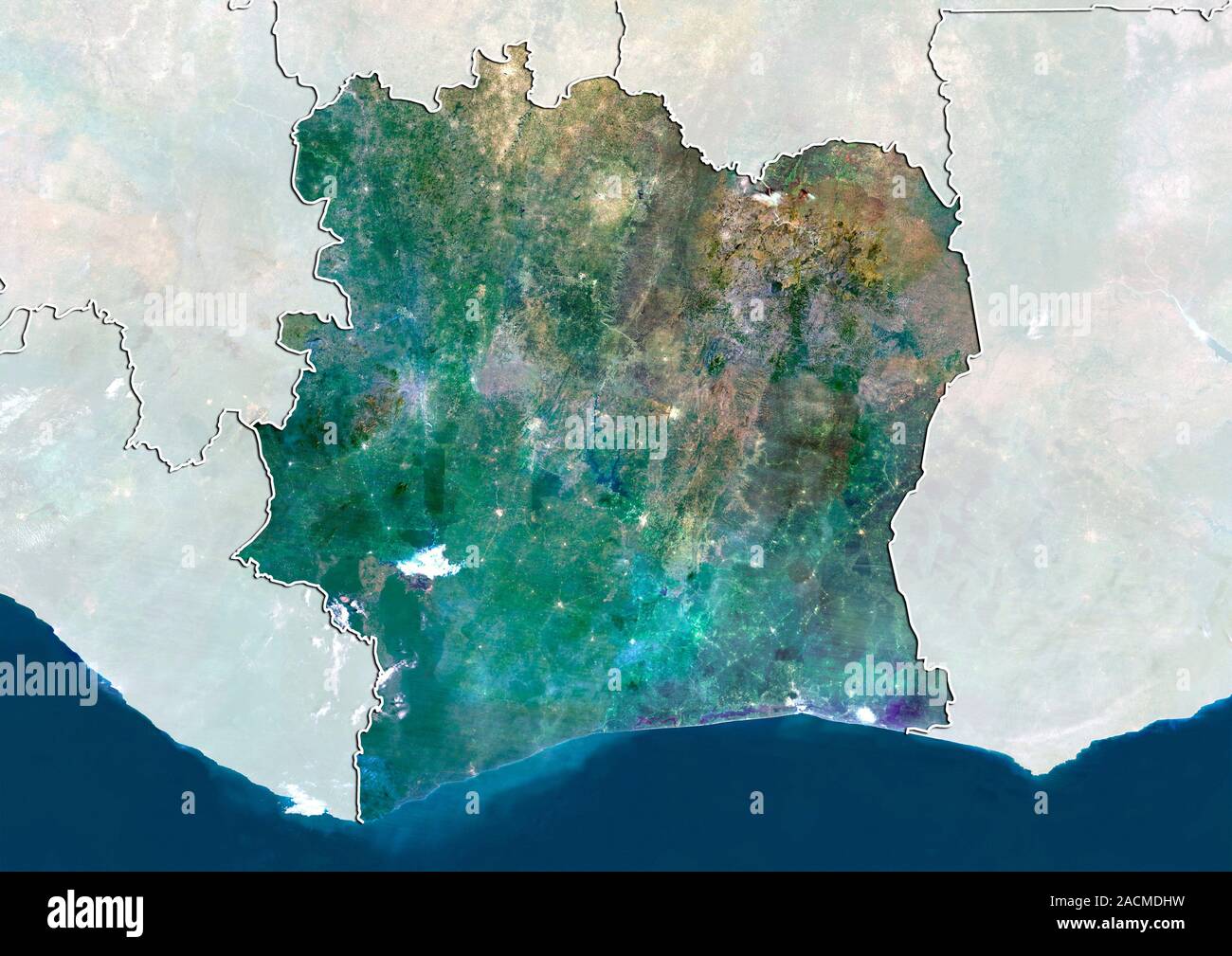 Ivory Coast, satellite image. North is at top. Natural colour satellite ...