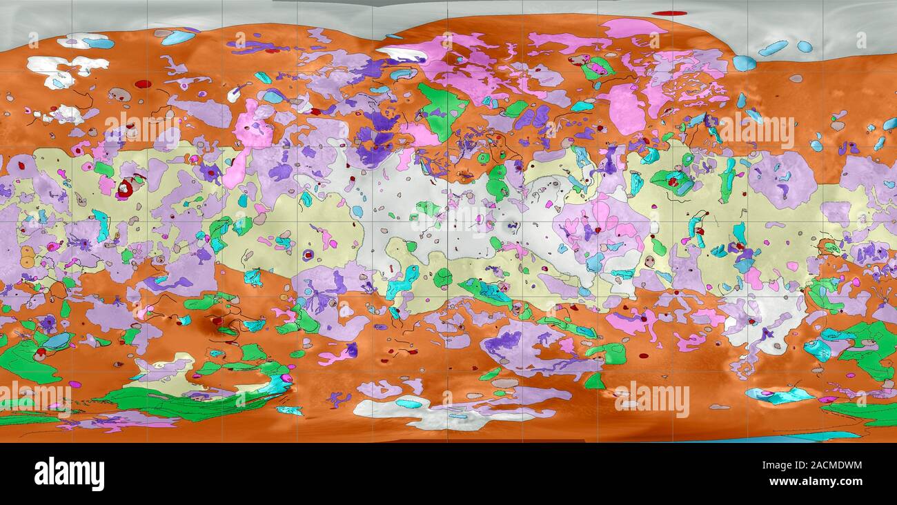 Io, geologic map. Mercator projection map of Jupiter's moon Io. The map ...