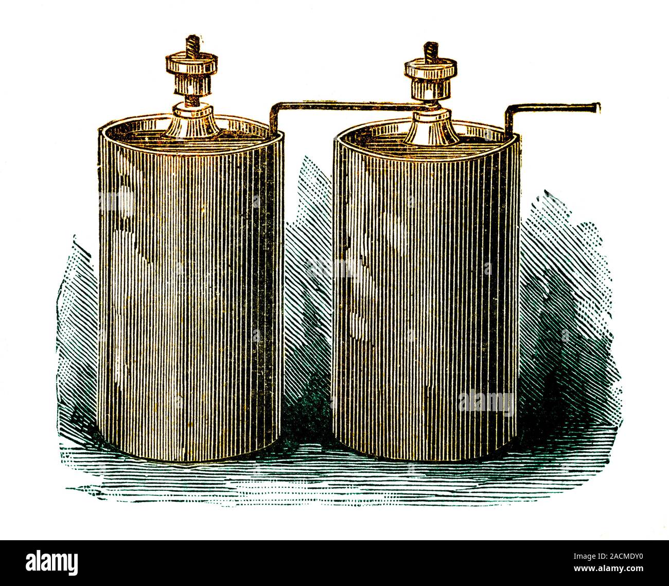 Electric batteries. Two early electric batteries connected in series to ...