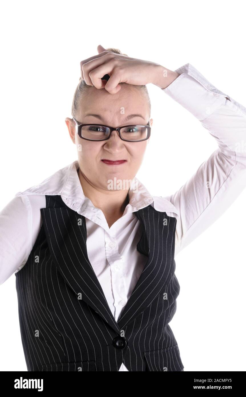 Pretty manager scratches her head Stock Photo - Alamy
