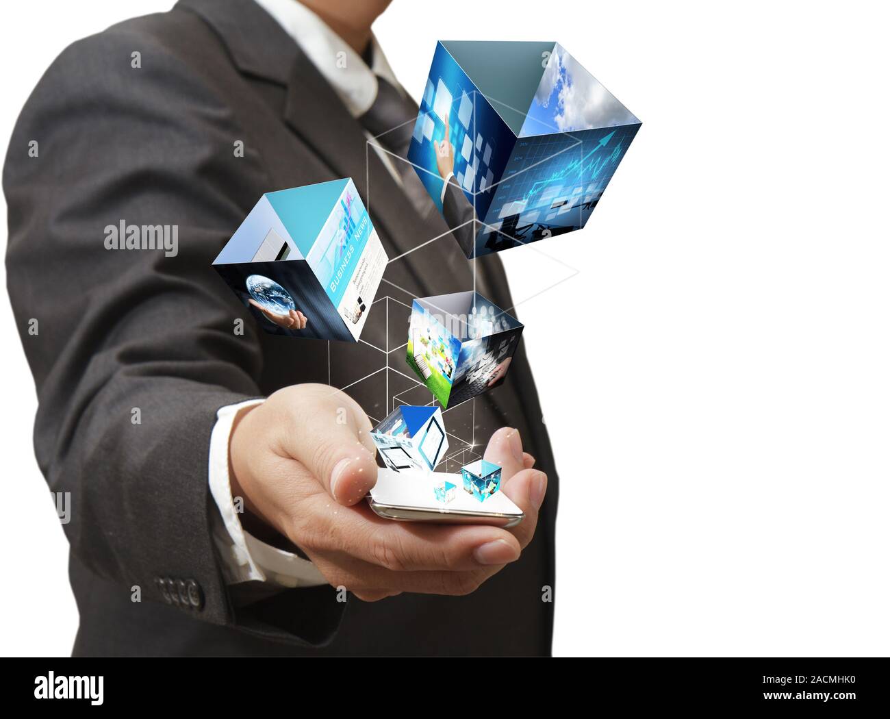 Business hand shows touch screen mobile phone with streaming images ...