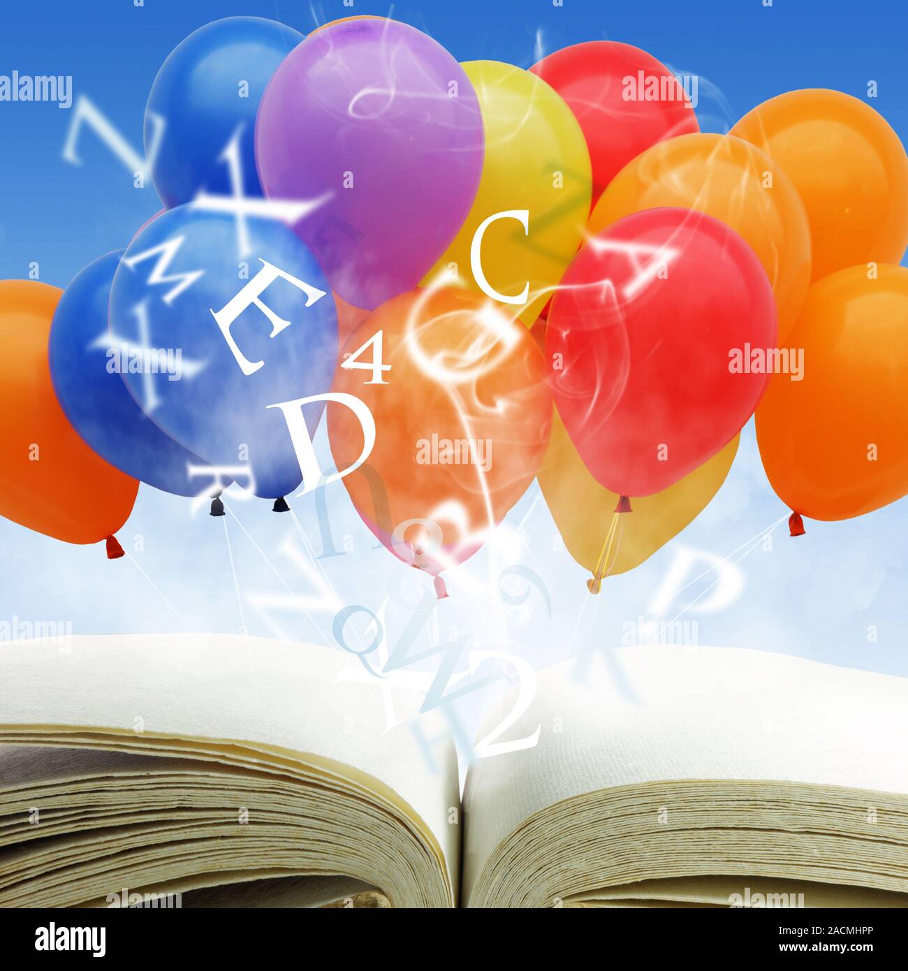 open book with fancy balloons and text Stock Photo - Alamy