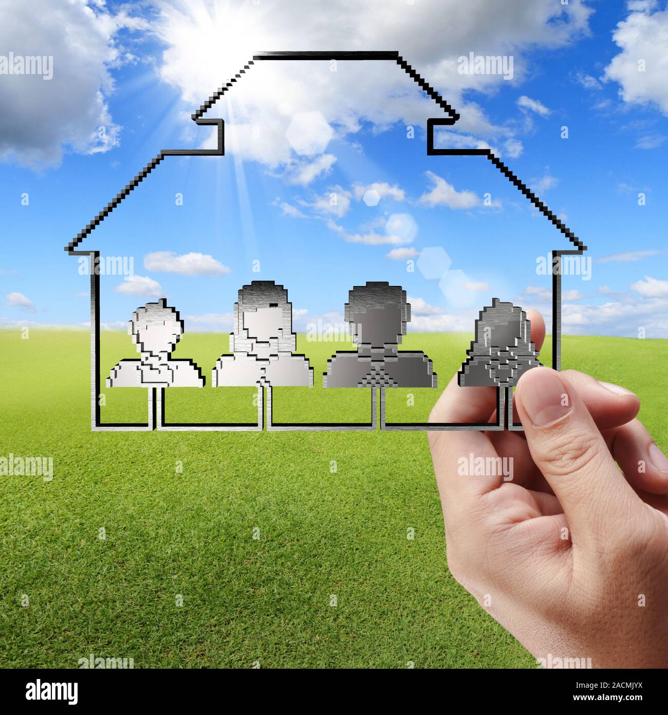 Business man hand shows 3d family pixel icon and tablet computer Stock ...