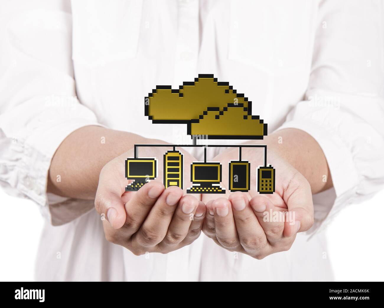 hands hold golden pixel cloud network sign as concept Stock Photo - Alamy